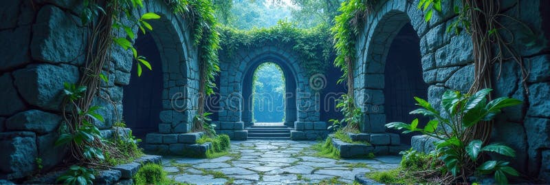 Enchanted Ancient Stone Ruins with Arched Entrances and Lush Greenery ...