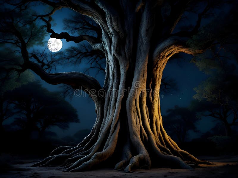 Enchanted Ancient Tree Under a Full Moon in a Mysterious Night Forest ...