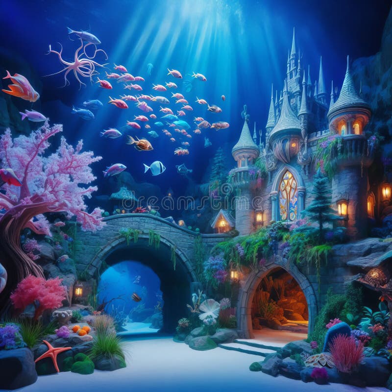 Enchanted Aquarium Underwater Realm with Magical Sea Creatures Stock ...