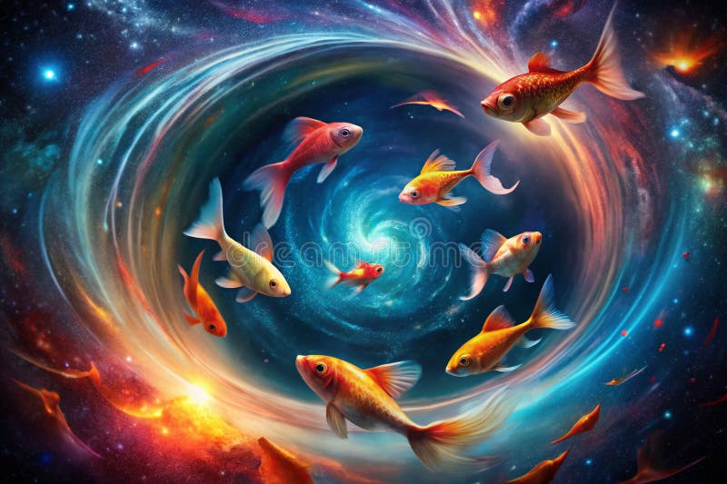 Enchanted Aquatic Dance a Surreal Double Exposure of Fish in Circular ...