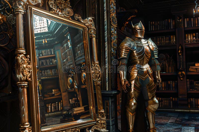 An Enchanted Armor Standing Guard in a Wizards Library Reflecting in a ...