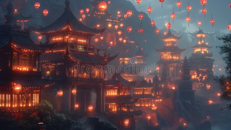 Enchanted Asian City at Night with Glowing Lanterns Stock Illustration ...