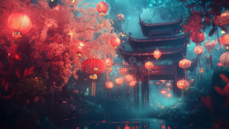 Enchanted Asian Forest at Night with Glowing Lanterns and Temple Stock ...
