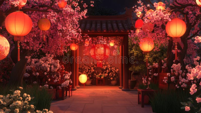 Enchanted Asian Garden at Night with Cherry Blossoms and Red Lanterns ...