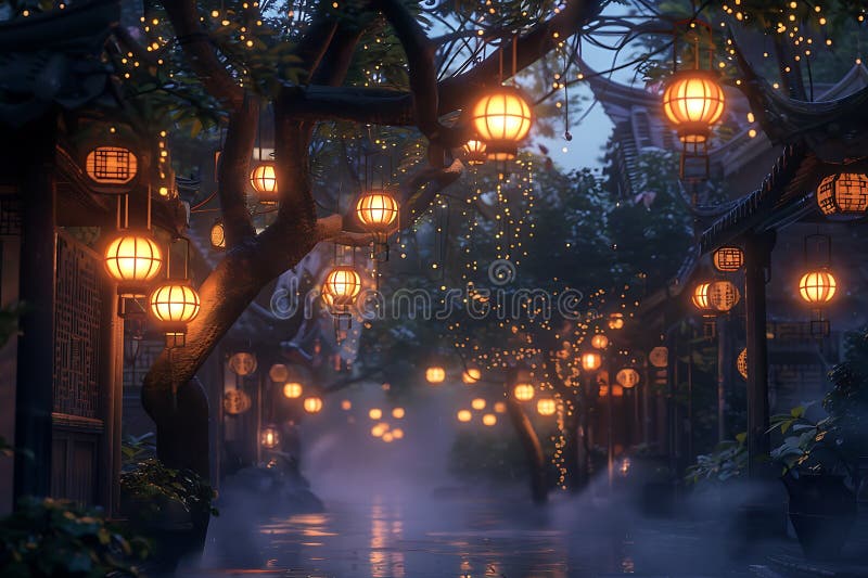 Enchanted Asian Lantern Pathway Misty Night, Glowing Lights, Tranquil ...