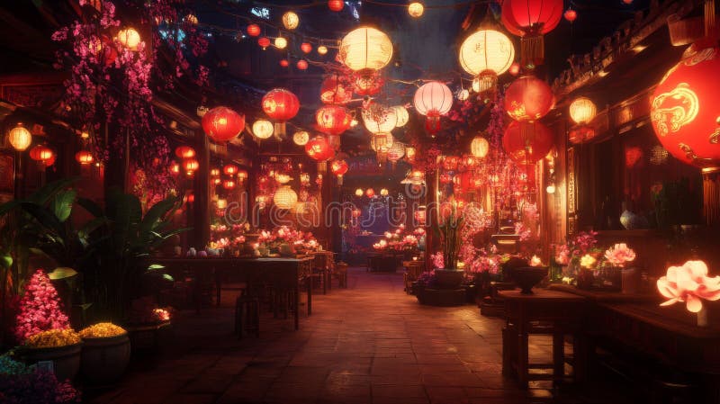 Enchanted Asian Street at Night with Glowing Lanterns Stock ...