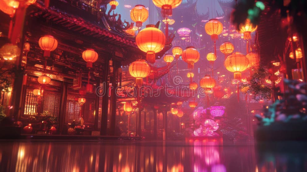 Enchanted Asian Temple at Night with Glowing Lanterns Stock ...