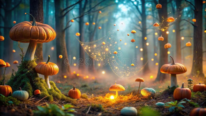 Enchanted Autumn Forest with Glowing Pumpkins and Mushrooms. Generative ...