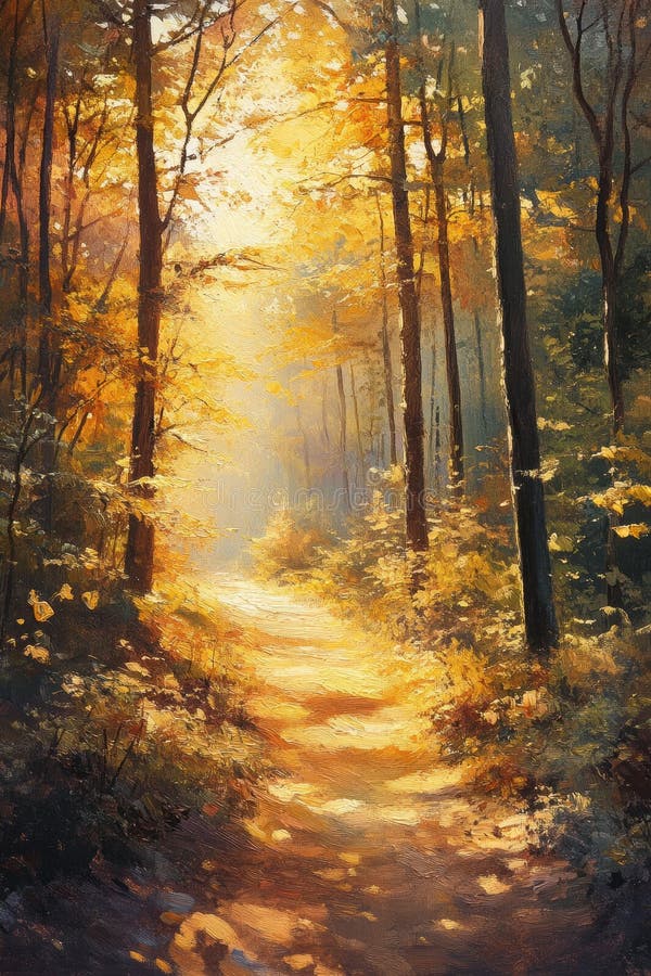 Enchanted Autumn Forest Pathway of Golden Light Stock Illustration ...