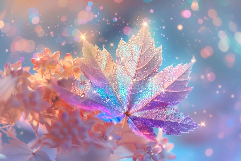 Enchanted Autumn Leaf with Dew Drops in Mystical Dreamscape Background ...