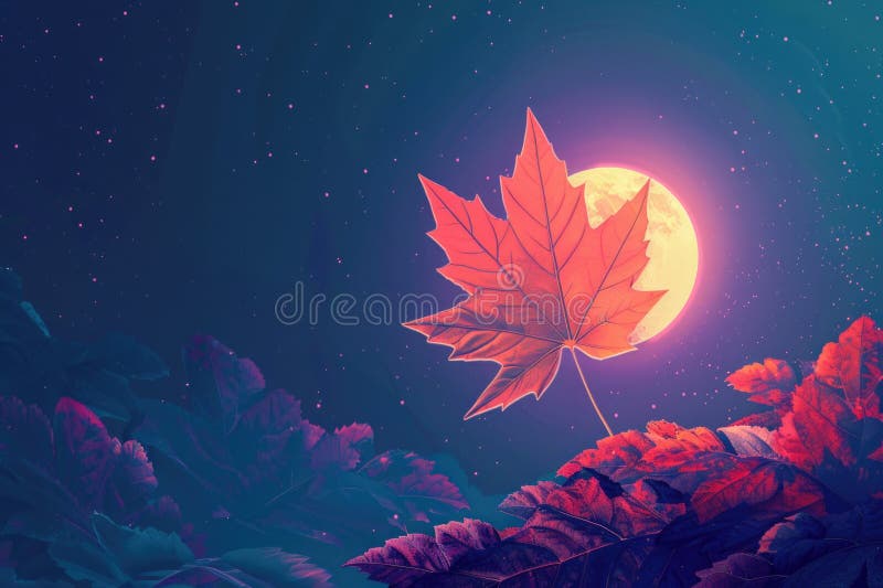 Enchanted Autumn Night with Glowing Maple Leaf and Full Moon. AI Stock ...