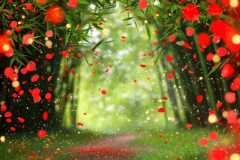 Enchanted Bamboo Forest Path with Falling Petals Stock Illustration ...