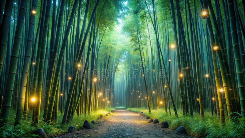 Enchanted Bamboo Forest Path Illuminated by Soft Lights at Dusk ...