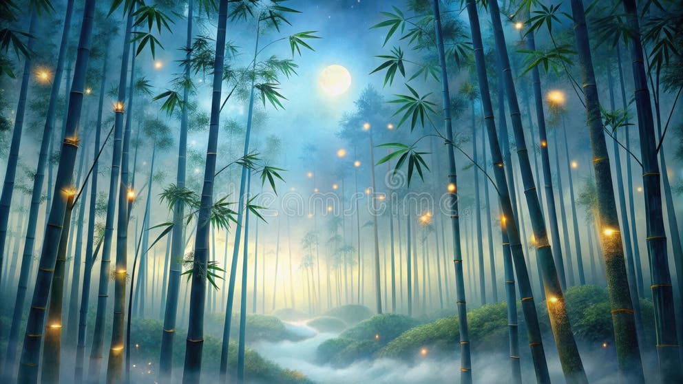Enchanted Bamboo Forest Path at Moonlight with Glowing Lights ...