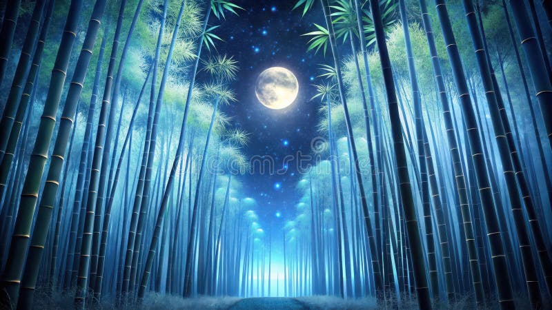 Enchanted Bamboo Forest Path Under a Full Moon. Generative AI Stock Illustration - Illustration ...