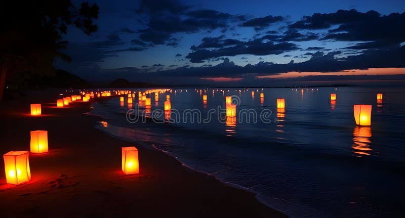 Enchanted Beach with Floating Lanterns in the Water AI Generated Stock ...