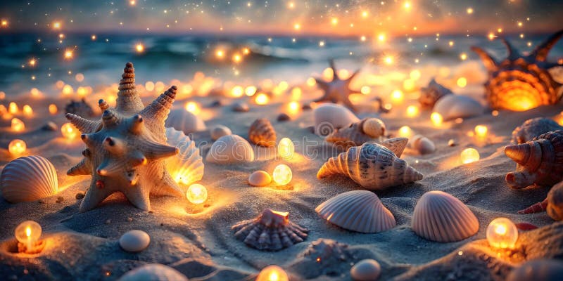 Enchanted Beach with Glowing Seashells and Magical Lights Stock ...