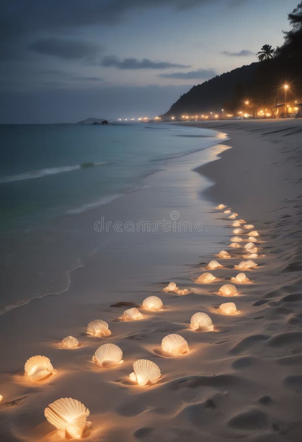 Enchanted Beach with Glowing Shells at Sunset Stock Illustration ...