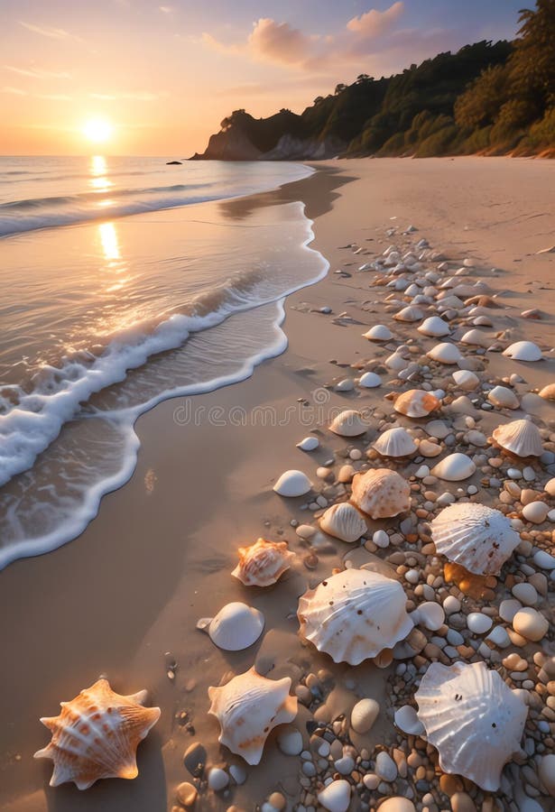 Enchanted Beach with Shells at Sun Set Stock Illustration ...