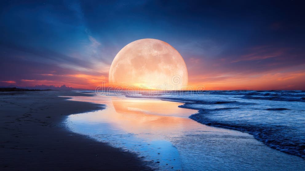 Enchanted Beach Sunset with a Giant Moon Stock Illustration ...