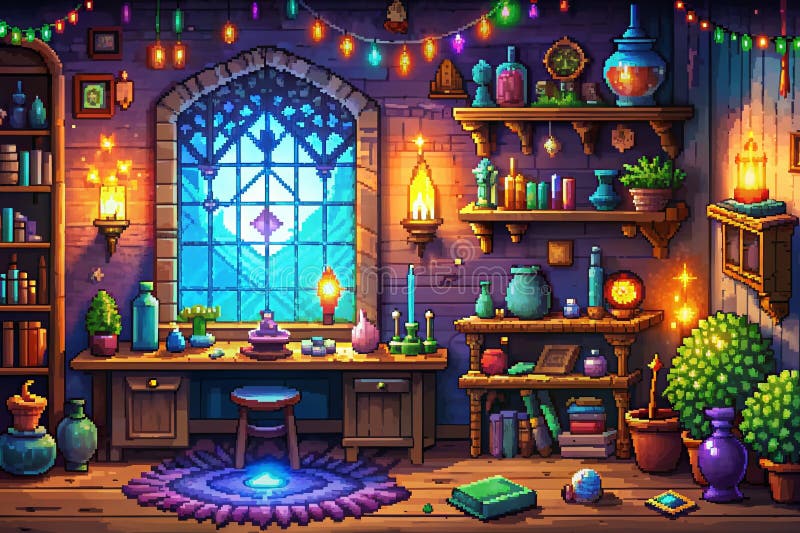 Enchanted 8Bit Wizards Study Explore a Panoramic Pixelated Realm of ...