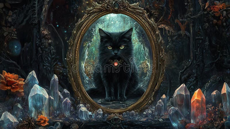 Enchanted Black Cat with Ruby Pendant in Ornate Mirror Surrounded by ...