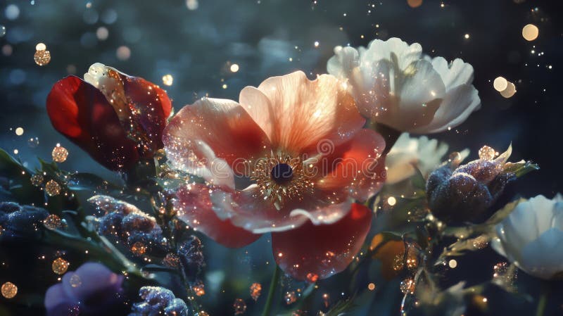 Enchanted Blooming Flowers with Sparkling Glitter Stock Illustration ...