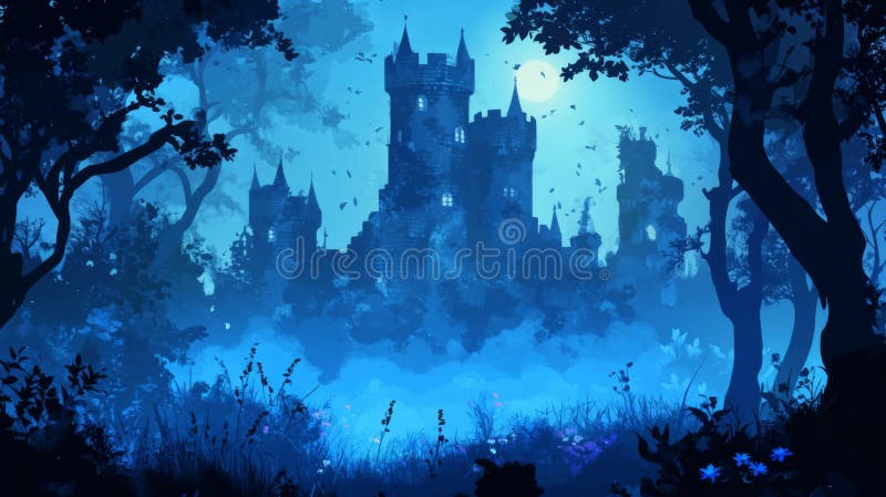Enchanted Blue Castle in a Dark Forest at Night Stock Illustration ...