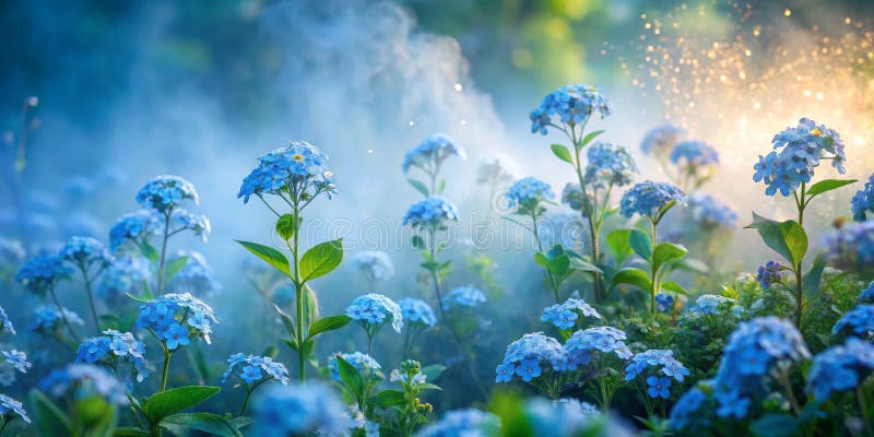 Enchanted Blue Flower Meadow at Dawn with Misty Atmosphere. Generative ...