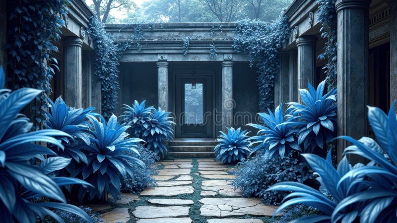 Enchanted Blue Foliage in Ancient Stone Courtyard Stock Image - Image ...