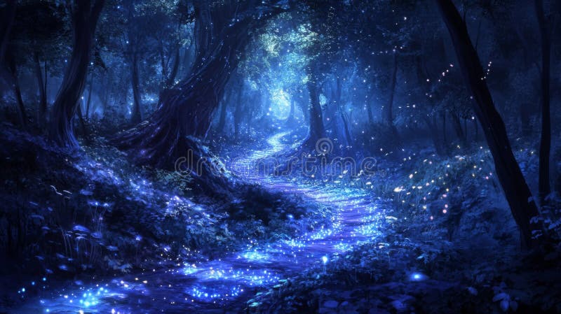 Enchanted Blue Forest Path at Night Stock Illustration - Illustration ...