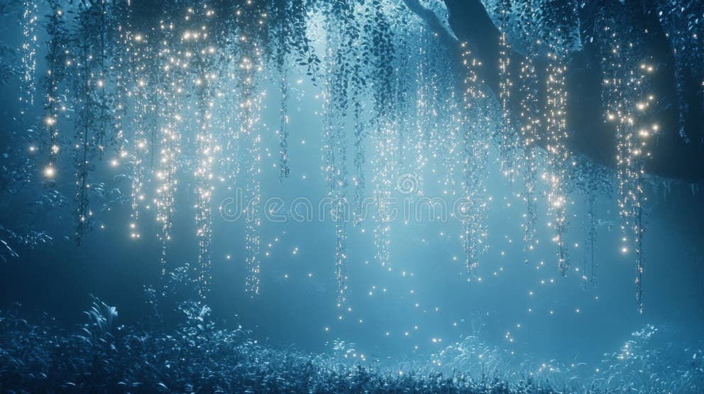 Enchanted Blue Forest with Sparkling Glitter Lights Stock Illustration ...