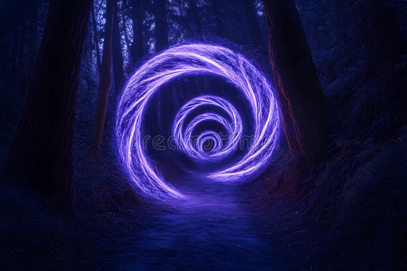 Enchanted Blue Spirals of Light Swirl in a Dense Forest, Illuminating ...
