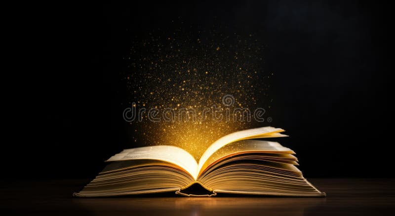 Enchanted Book Emitting Magical Golden Dust on Dark Background Stock ...