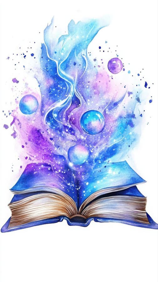 Enchanted Book with Ghostly Spirits and Orbs in a Dreamy Cosmic Setting ...