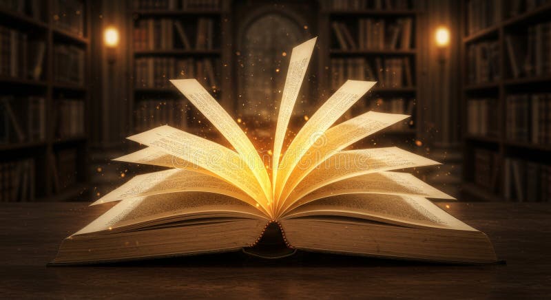 Enchanted Book with Glowing Pages in Mysterious Library Setting Stock ...