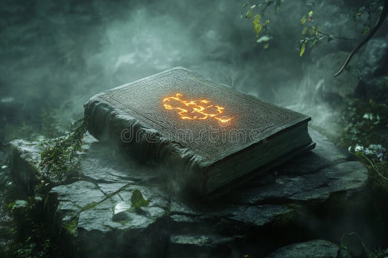 An Enchanted Book with Glowing Runes on Its Cover, Lying on an Ancient ...