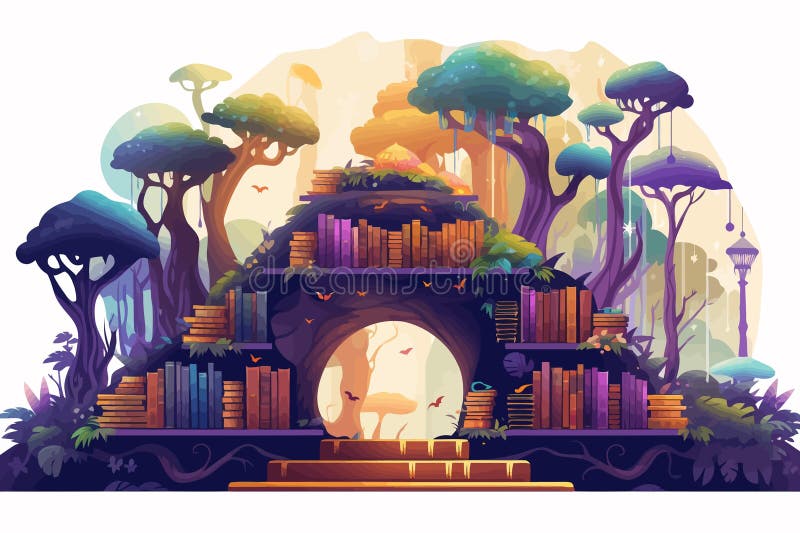 Enchanted Book Library with Floating Shelves Isolated Vector Style ...