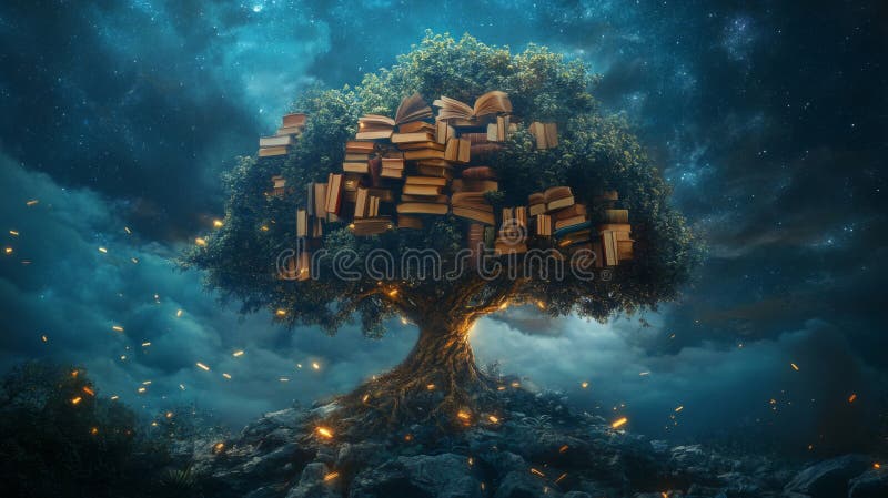 Enchanted Book Tree Under a Starlit Sky Stock Illustration ...