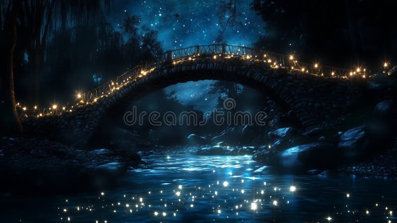 Enchanted Bridge Over a Sparkling River at Night Stock Photo - Image of ...