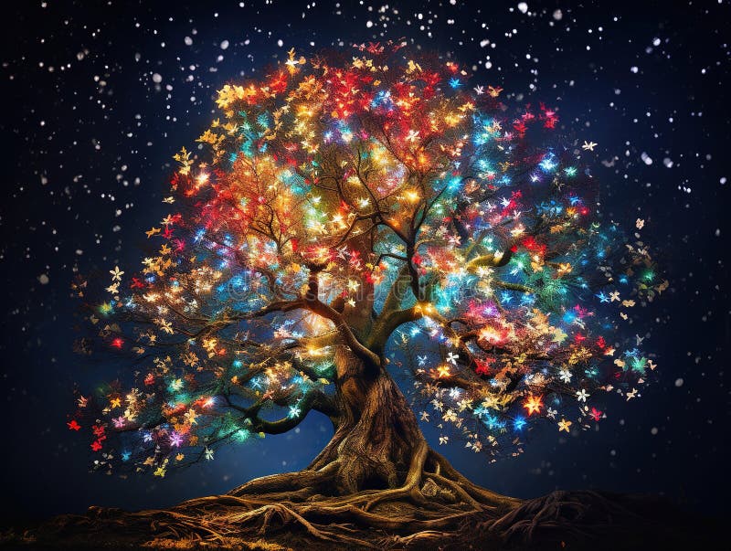 Enchanted Brilliance: a Majestically Lit Tree Adorned with Colorful ...