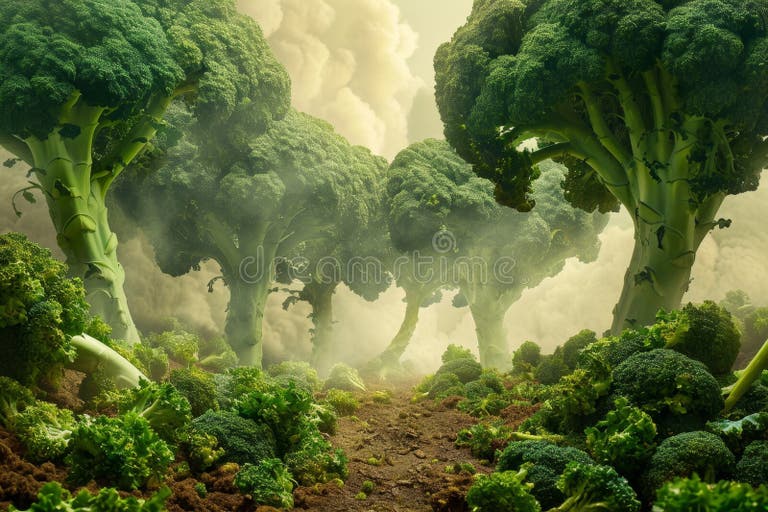 Enchanted Broccoli Forest in Misty Light Stock Illustration ...