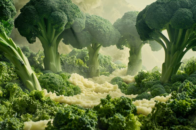 Enchanted Broccoli Forest in Misty Light Stock Illustration ...