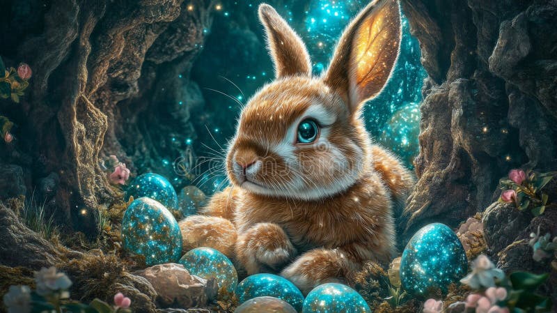 Enchanted Brown Rabbit Amidst Glowing Blue Easter Eggs Stock ...