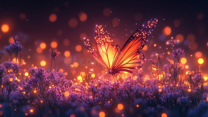 Enchanted Butterfly Amidst Glowing Flowers Stock Illustration ...