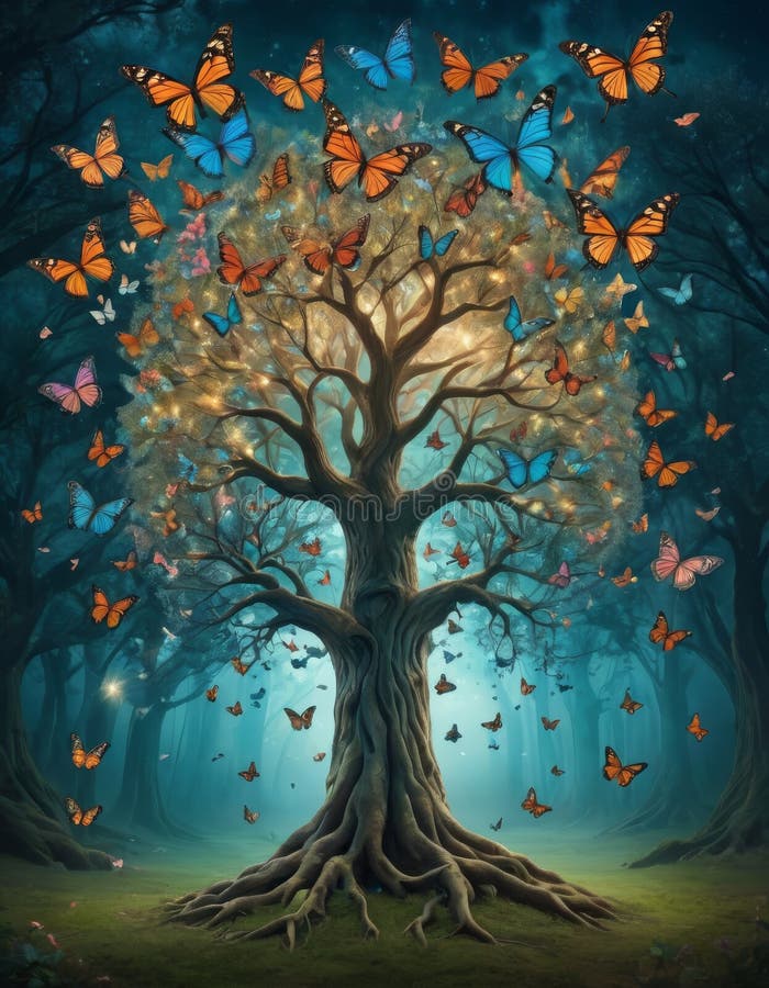 Enchanted Butterfly Tree Illustration Stock Photo - Image of fantasy ...