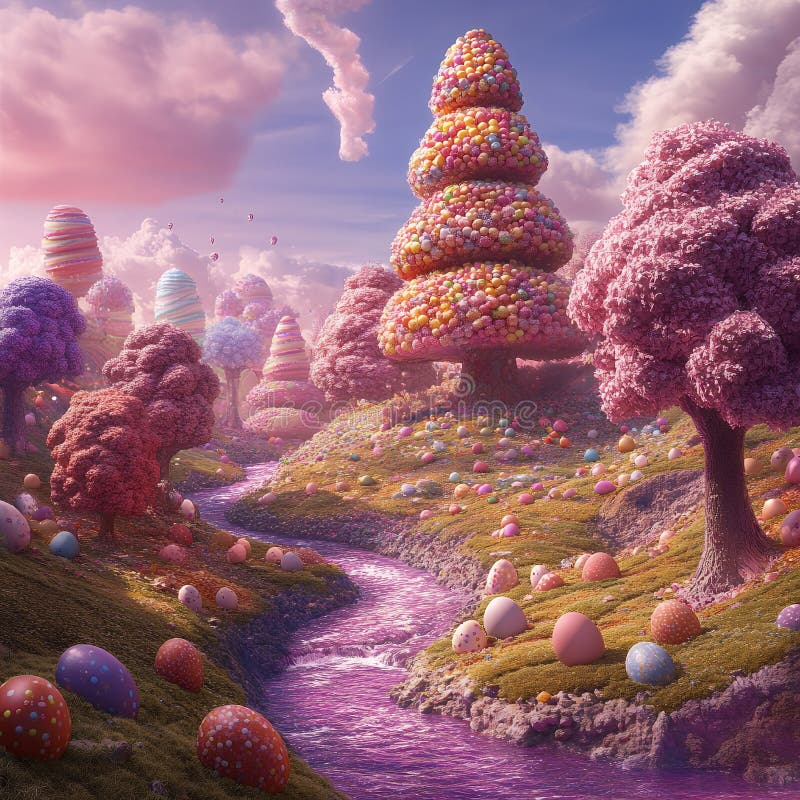 Enchanted Candyland Stream Pastel Pink Dreamy Easter Eggs Art Path Soft ...