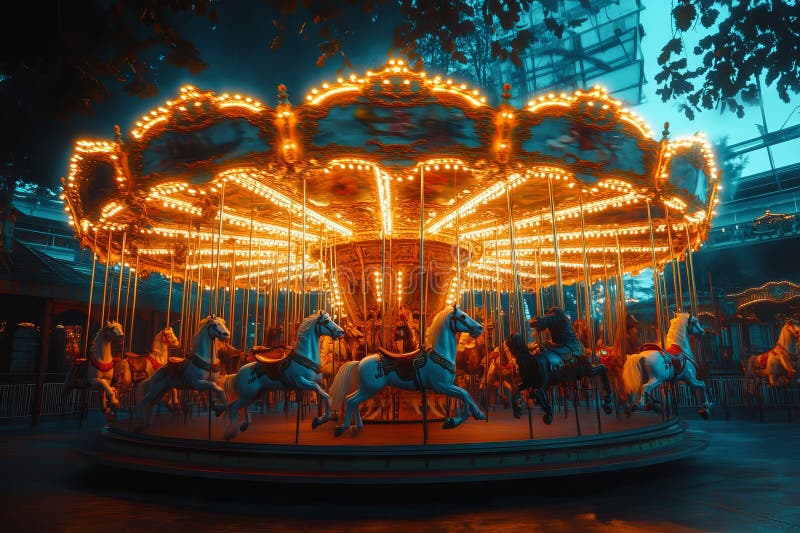 Enchanted Carousel at Night with Glowing Lights and Soft Atmosphere ...