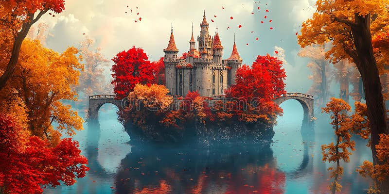 Enchanted Castle Autumn Fantasy Art Stock Illustration - Illustration ...