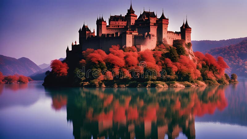 Enchanted Castle on Autumn Island Reflecting in Tranquil Lake at Sunset ...
